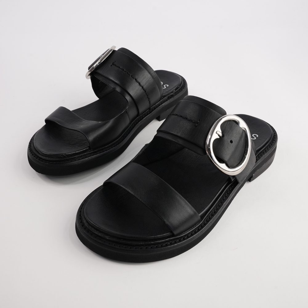 Stary Black Leather Slides by EOS Footwear – Shouz